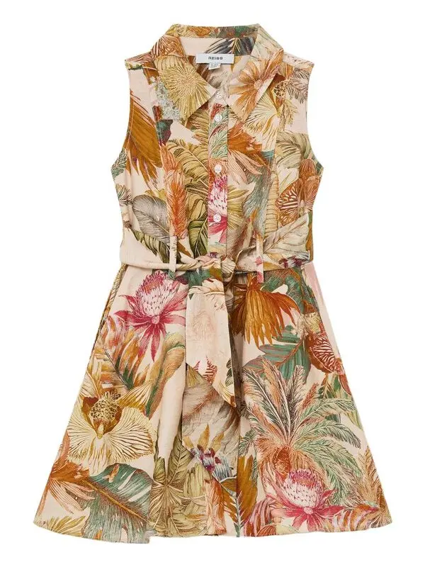 REISS Morgan Tropical Print Belted Shirt Dress - Neutral