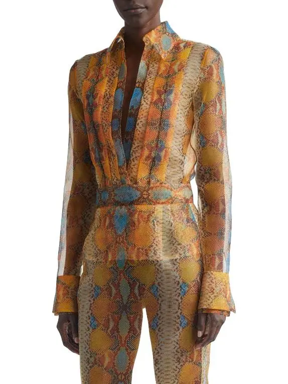 LAQUAN SMITH Shimmer Skin Print Pleated Double Cuff Button-up Shirt - Snake