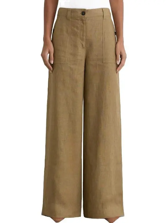 REISS Ashby Wide Leg Linen Trousers - Light Khaki Gre