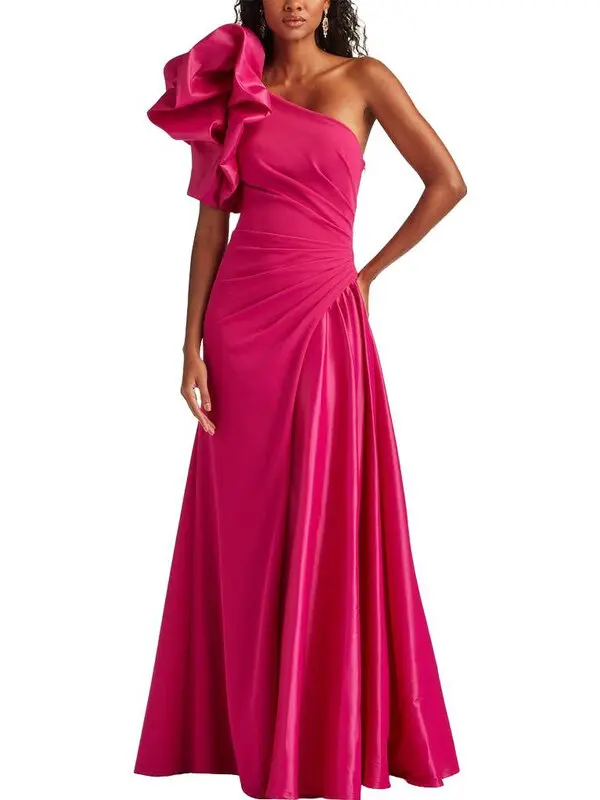 Tadashi Shoji Puff Ruched One-shoulder Gown - Hibiscus