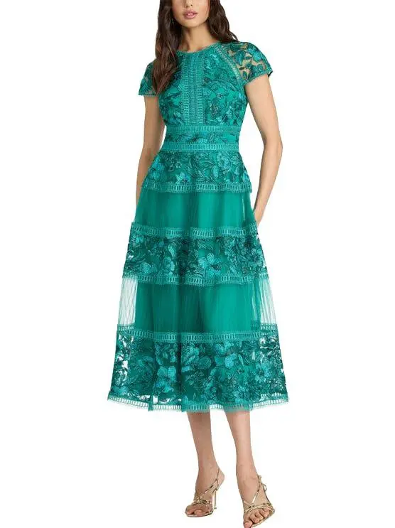Tadashi Shoji Embroidered Lace Trim Tiered Cocktail Dress - Emerald