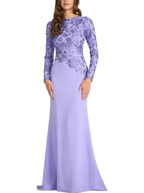 Tadashi Shoji Floral Embroidered Long Sleeve Mermaid Gown - Lavender Mist