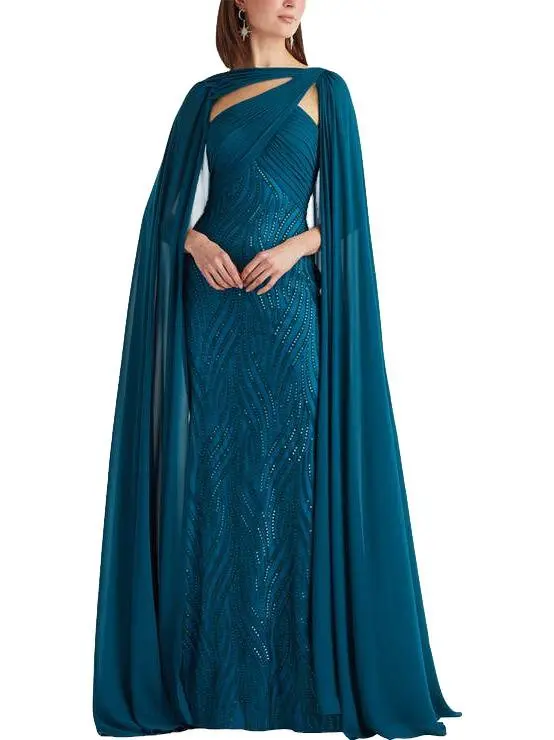 Tadashi Shoji Sequin Pleat Cape Gown - Starry Night