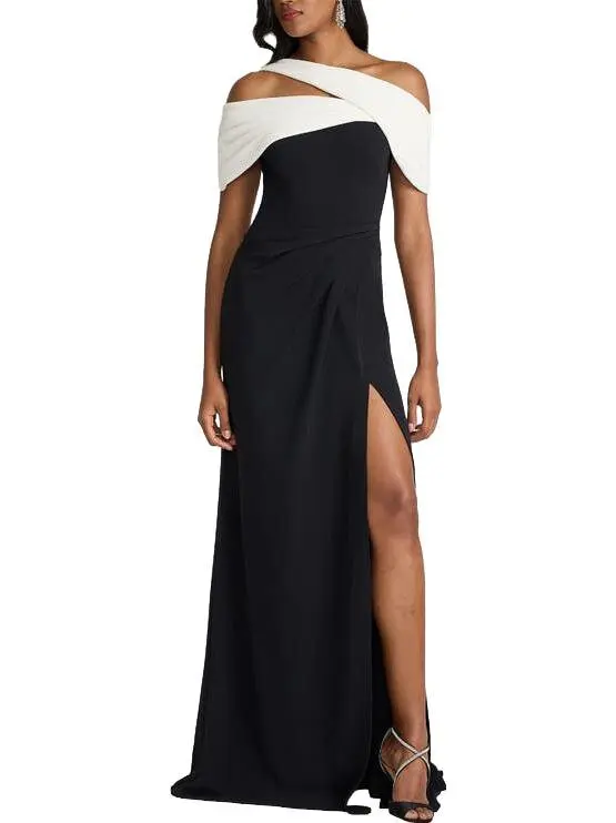 Tadashi Shoji Off-the-shoulder Colorblock Crepe Gown With Slit - Black/ivory