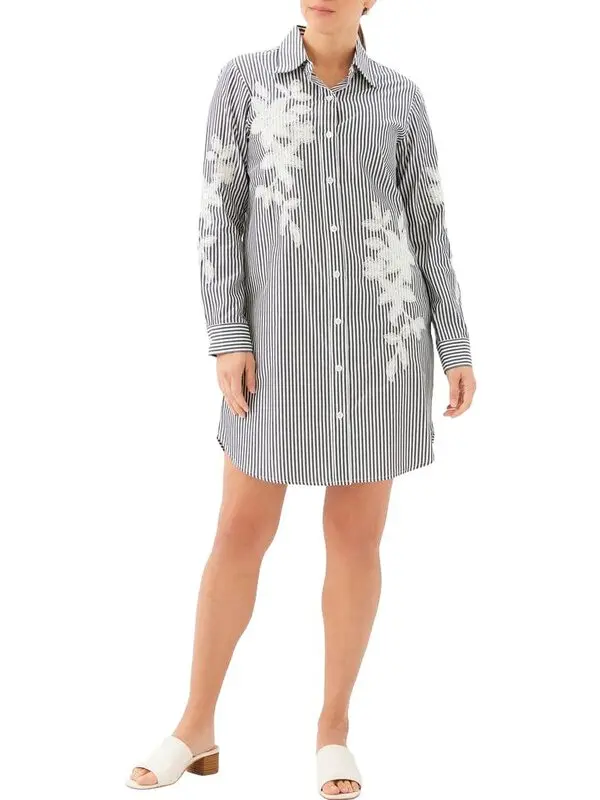 Karen Kane Floral Embroidered Striped Shirtdress - Black W/off White
