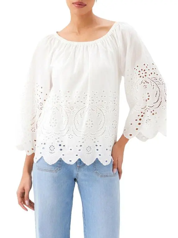 Karen Kane Embroidered Cotton Blouse With Scalloped Edges - Off White