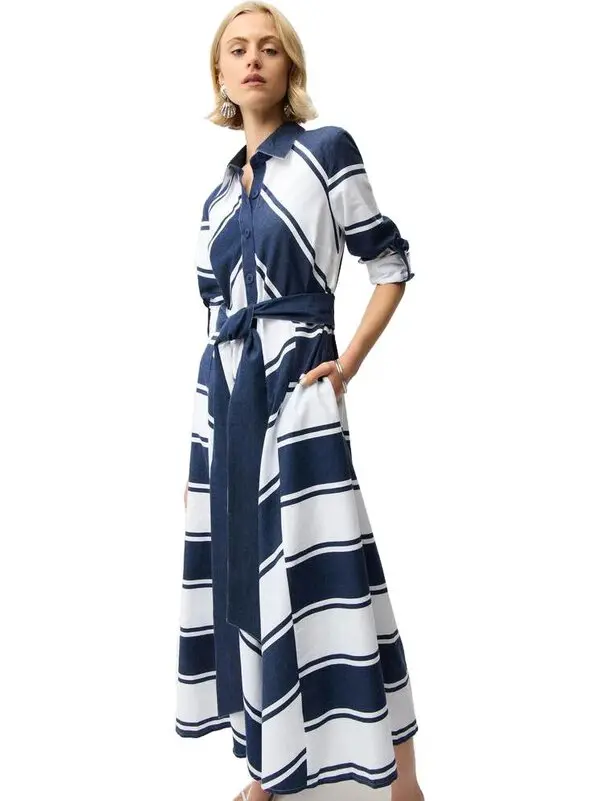 Joseph Ribkoff Cotton Stripe Print Fit And Flare Midi Shirt Dress With Reversible Sash - Navy/white