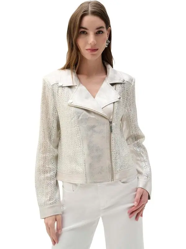 Joseph Ribkoff Faux Suede Foiled Knit Moto Jacket - Champagne/silver