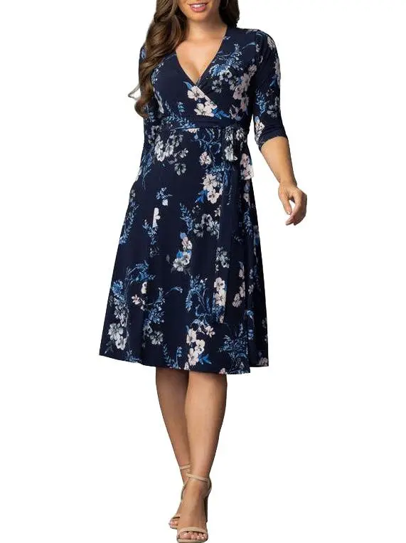 KIYONNA Signature Wrap Dress With 3/4 Sleeves And Floral Print - French Blue Garden