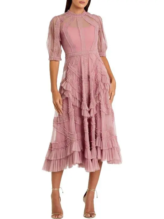 Mac Duggal Petite Illusion High Neck Tiered Ruffle A-line Midi Dress - Antique Rose