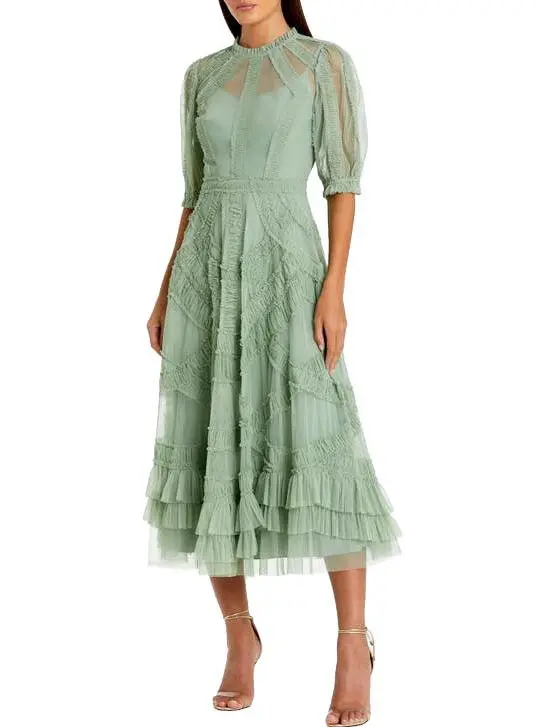Mac Duggal Petite High Neck Puff Sleeve Ruffle Tiered Dress - Jade