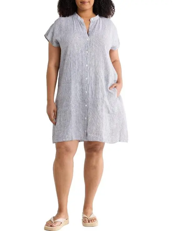 Eileen Fisher Mandarin Collar Organic Linen Shirtdress - Ink