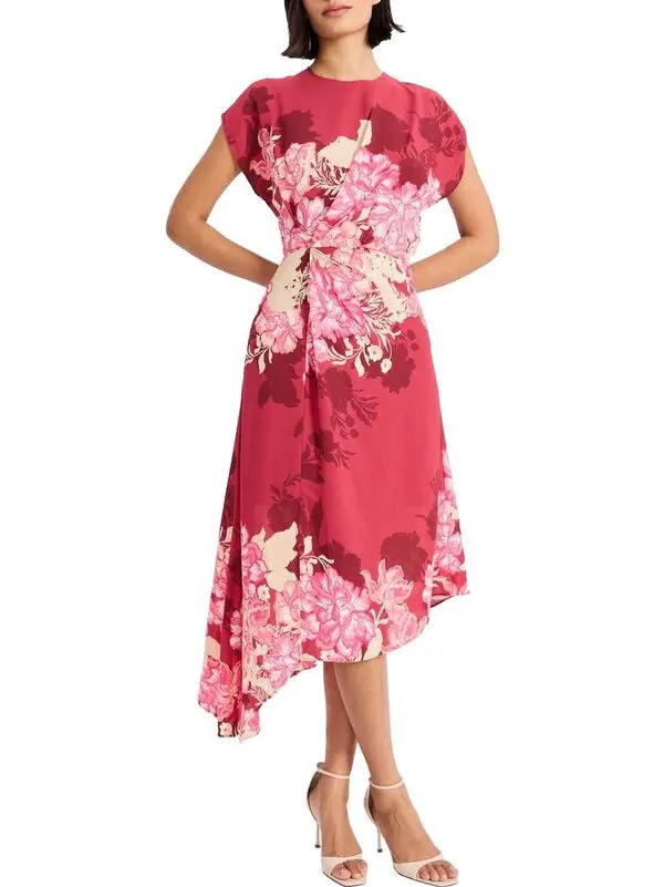 Maggy London Floral Print Asymmetrical Midi Dress - Rose Bud/pink Carnation