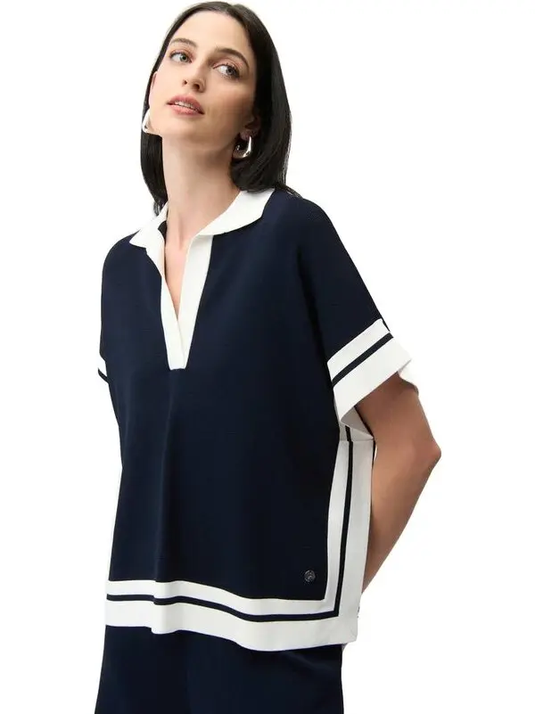 Joseph Ribkoff Viscose Blend Boxy Sweater With Stripe Detail - Midnight Blue/vanilla