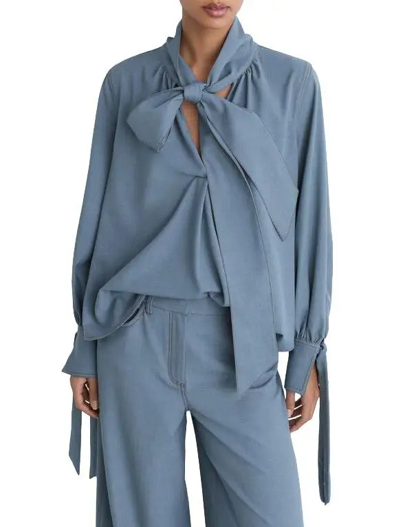 REISS Tie Neck Blouse - Light Blue
