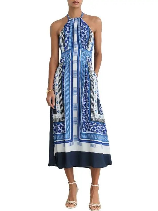 REISS Joselyn Scarf Print Halter Neck Midi Dress - Blue