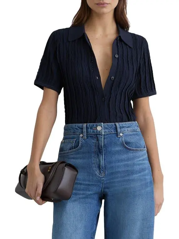 REISS Audrey Textured Knit Button-up Shirt - Navy