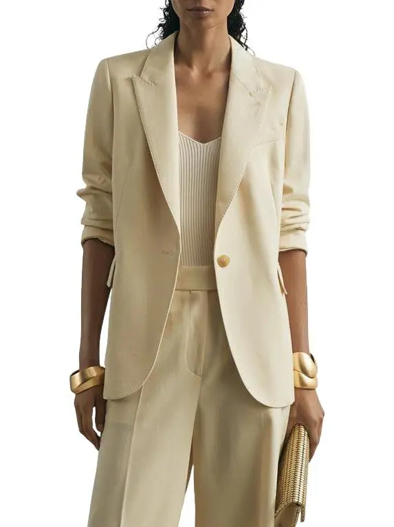 REISS Anya Pickstitch Detail Silk & Wool Blazer - Cream