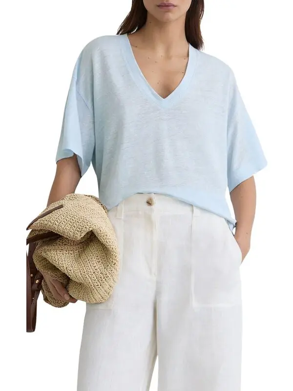 REISS Linen V-neck Tee - Blue