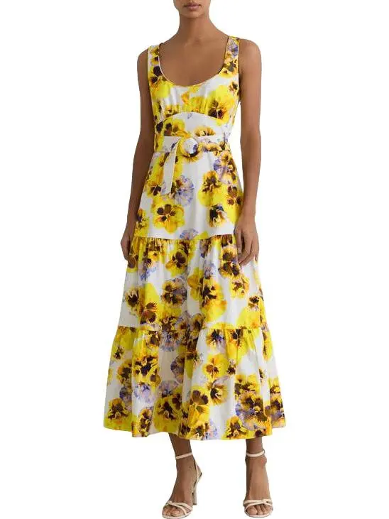 REISS Erin Floral Belted Midi Sundress - Yellow