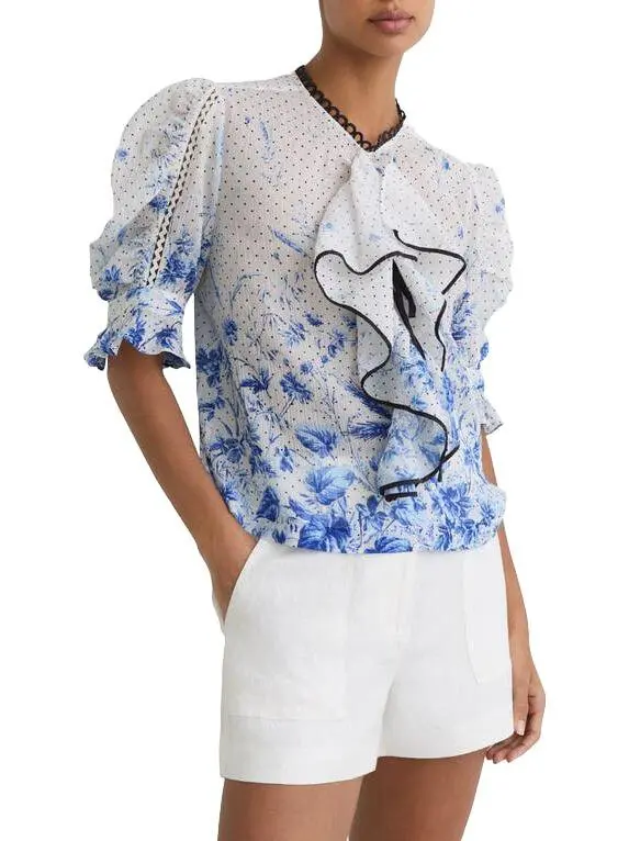 REISS Minni Floral Ruffle Top - Ivory/blue