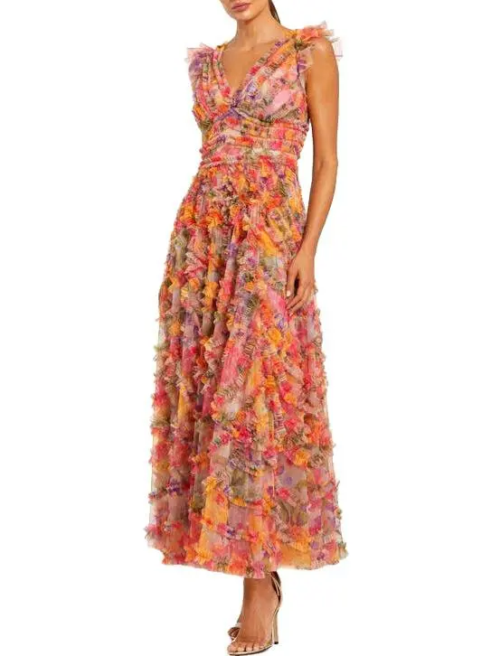 Mac Duggal Petite Floral V-neck Tiered Ruffle Maxi Dress - Multi