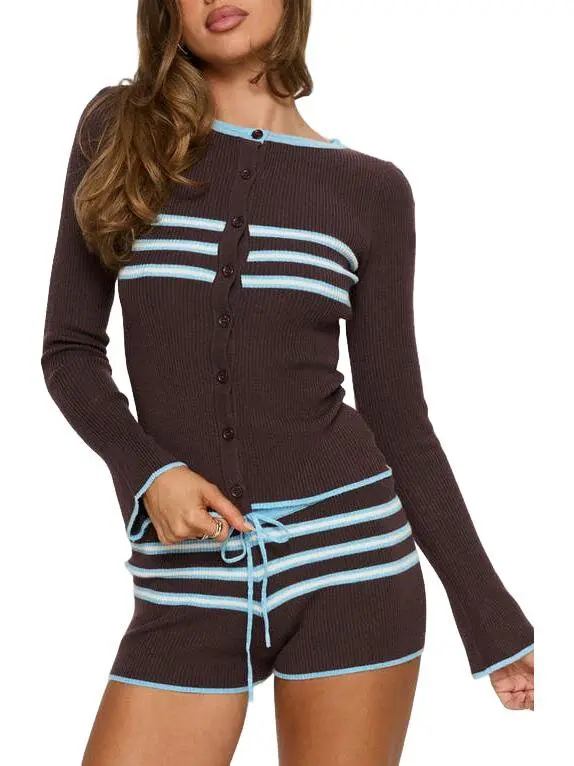 Princess Polly Beverlea Stripe Rib Cardigan - Brown/blue Stripe