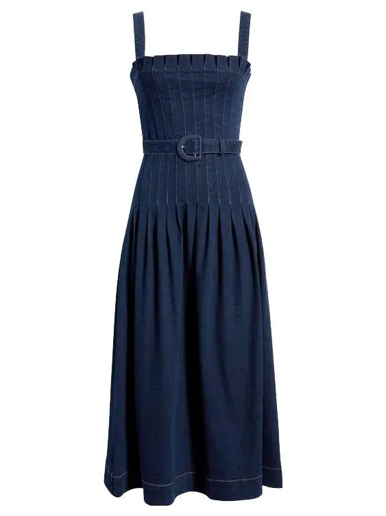 Moon River Pleated Belted Denim Midi Dress - Indigo