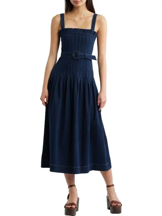 Moon River Pleated Belted Denim Midi Dress - Indigo