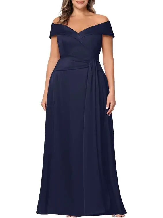XSCAPE EVENINGS Off-the-shoulder Gown With Slit Skirt - Navy