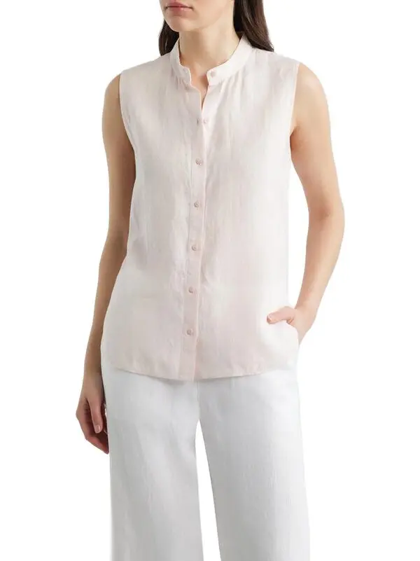 Eileen Fisher Sleeveless Mandarin Collar Linen Shirt - Crystal Pink