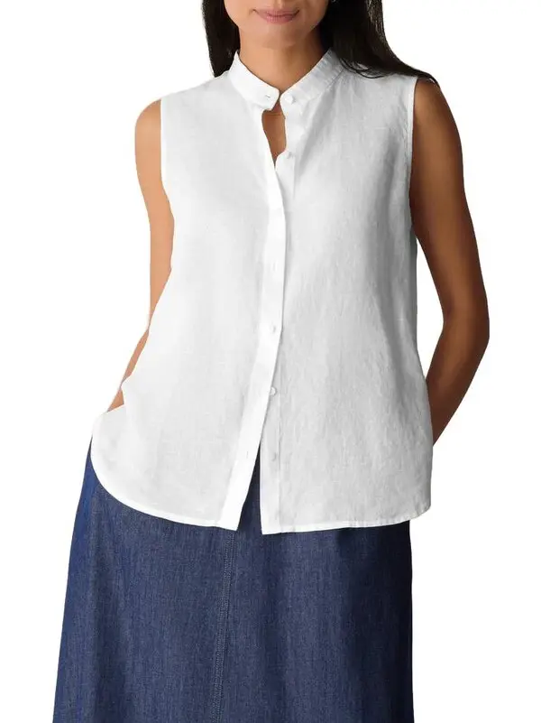 Eileen Fisher Sleeveless Mandarin Collar Linen Shirt - White