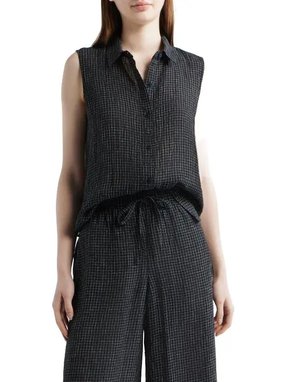 Eileen Fisher Sleeveless Organic Linen Grid Shirt - Black/white