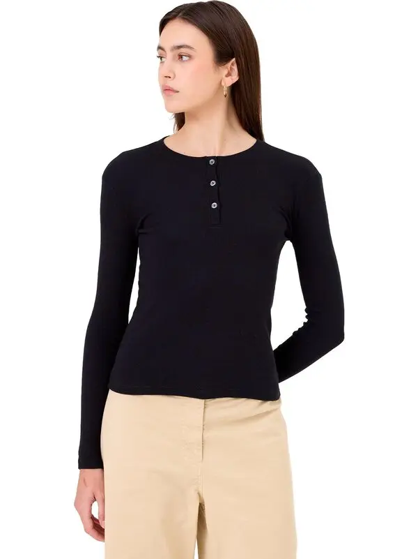 Goldie LeWinter Ribbed Henley With Button Placket - Black
