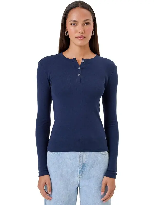 Goldie LeWinter Ribbed Henley With Button Placket - Navy