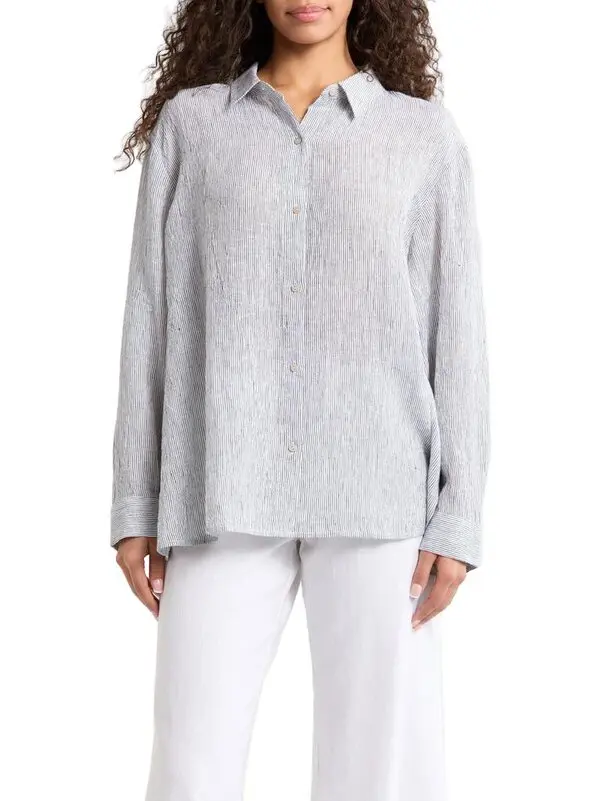 Eileen Fisher Classic Stripe Linen Button-up Shirt - White/black