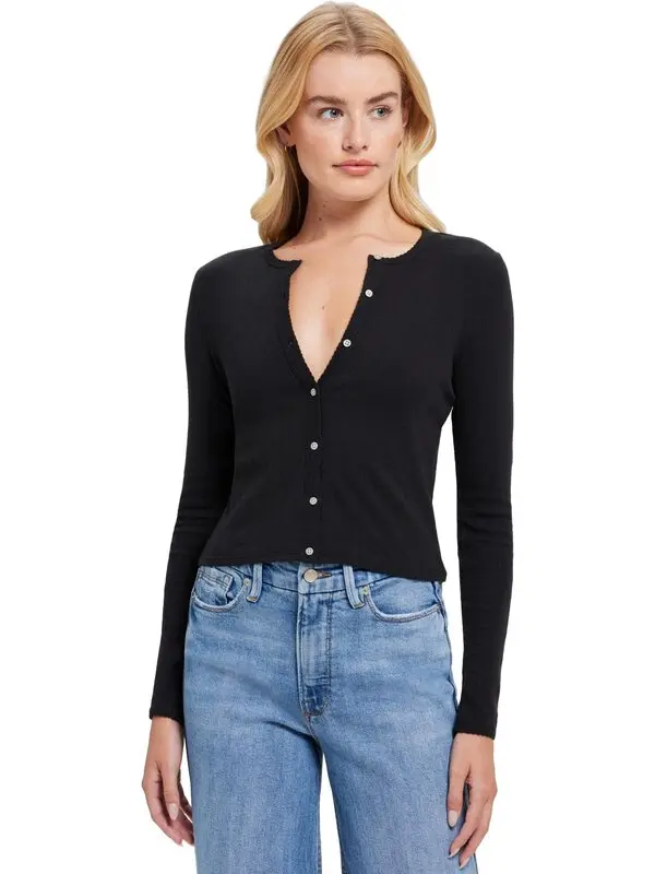 Goldie LeWinter Pointelle Crop Cardigan With Scalloped Trim - Black