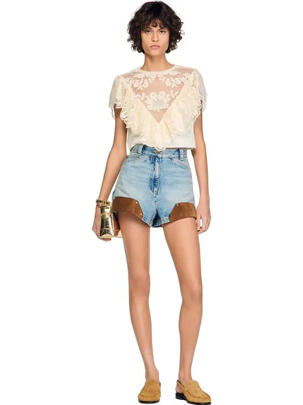 Sandro Floral Guipure Lace Crop Top - Vanilla