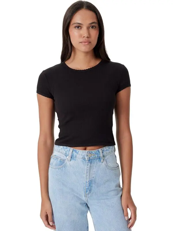 Goldie LeWinter Pointelle Baby Tee With Cap Sleeves And Scalloped Trim - Black