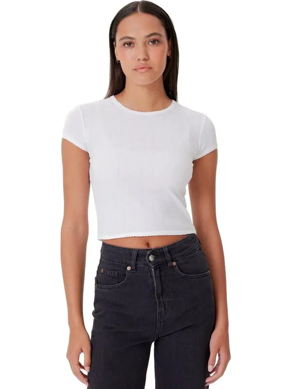 Goldie LeWinter Pointelle Baby Tee With Cap Sleeves And Scalloped Trim - White