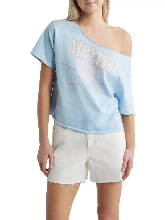 MERCH TRAFFIC Nirvana Graphic Print Off-the-shoulder Cotton T-shirt - Blue