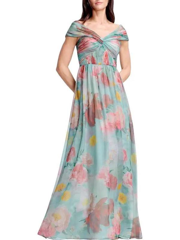 Dress The Population Xyla Floral Off-the-shoulder Gown - Mint Multi