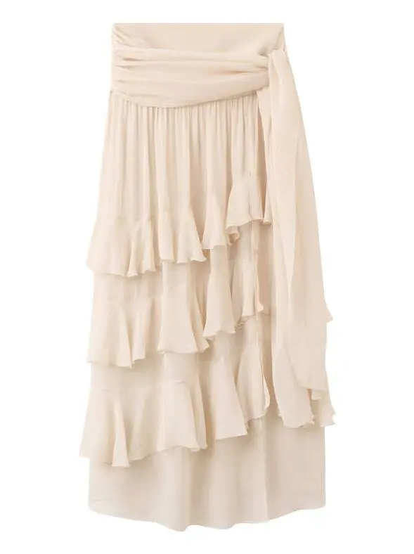 Mango Tiered Ruffle Maxi Skirt With Sash - Ecru