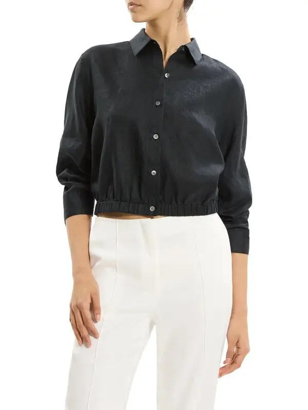 Theory Linen Button-up Shirt With Elasticated Hem And Scrunched Sleeves - Black