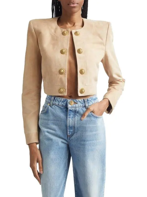 Balmain Cropped Suede Spencer Jacket - 8fi Sand