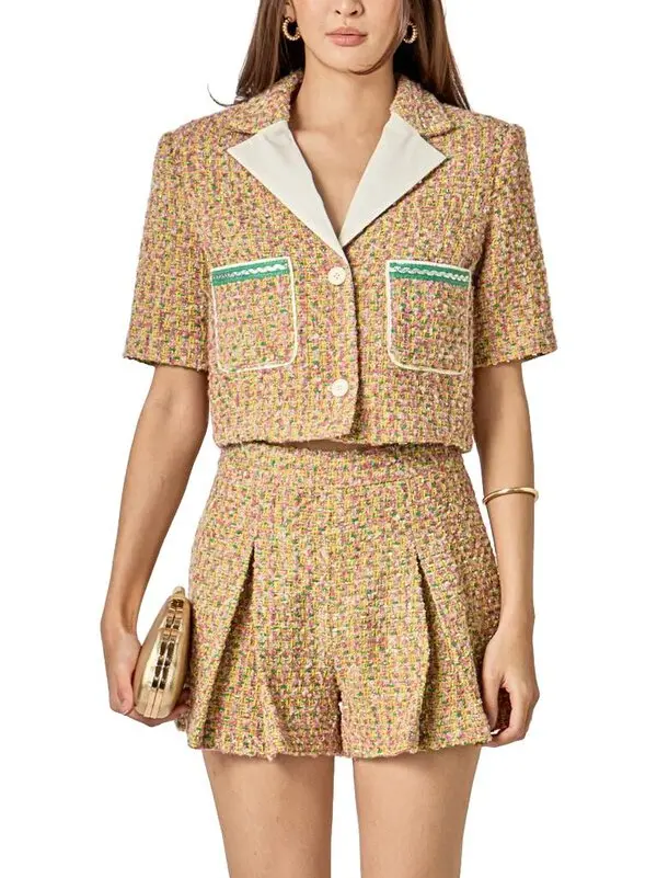 English Factory Cropped Tweed Jacket With Contrasting Collar - Multi
