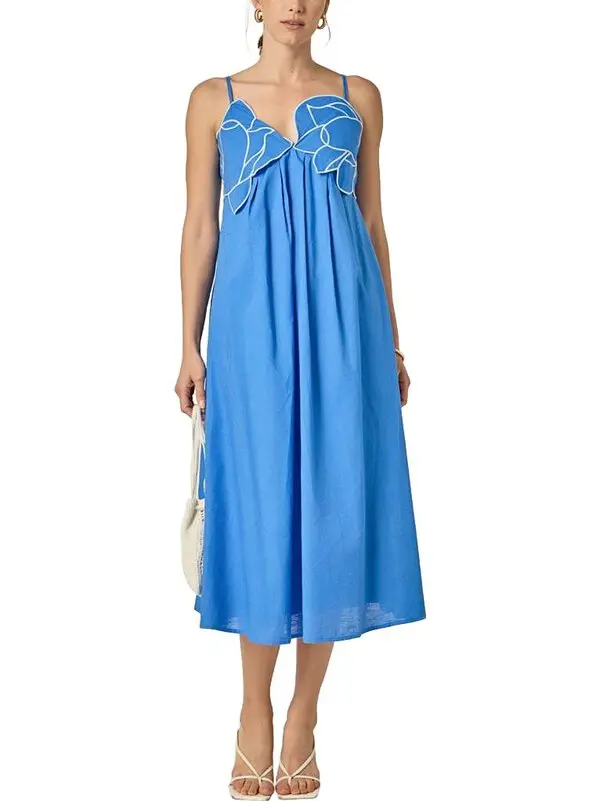 English Factory Embroidered Sleeveless Linen Blend Maxi Dress - Blue