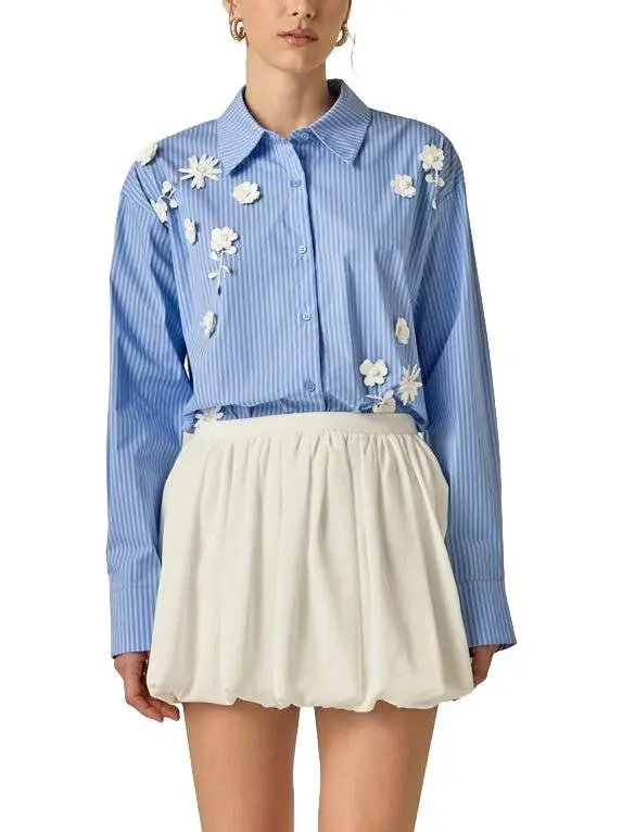 English Factory Striped Shirt With Floral Appliqués - Powder Blue