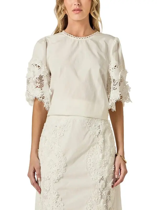 English Factory Open Stitch Puff Sleeve Top With Lace Embellishments - White