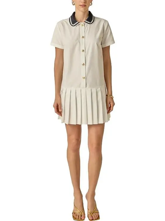 English Factory Crochet Collar Pleated Mini Shirtdress - White
